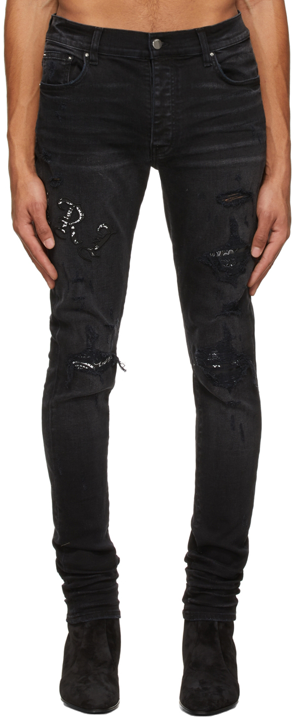 パンツ amiri black old english logo jeans Amiri Black Old English Logo Jeans In Aged Black - 50% Off